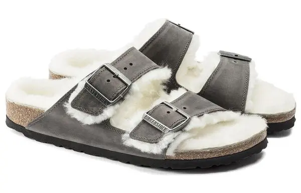 BIRKENSTOCK Arizona Shearling Waxy Leather Oiled Sandals - Grey