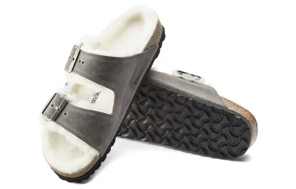BIRKENSTOCK Arizona Shearling Waxy Leather Oiled Sandals - Grey