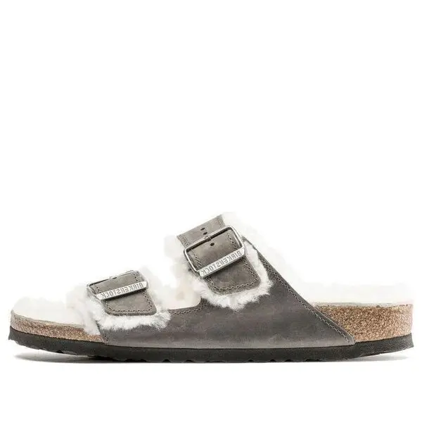 BIRKENSTOCK Arizona Shearling Waxy Leather Oiled Sandals - Grey