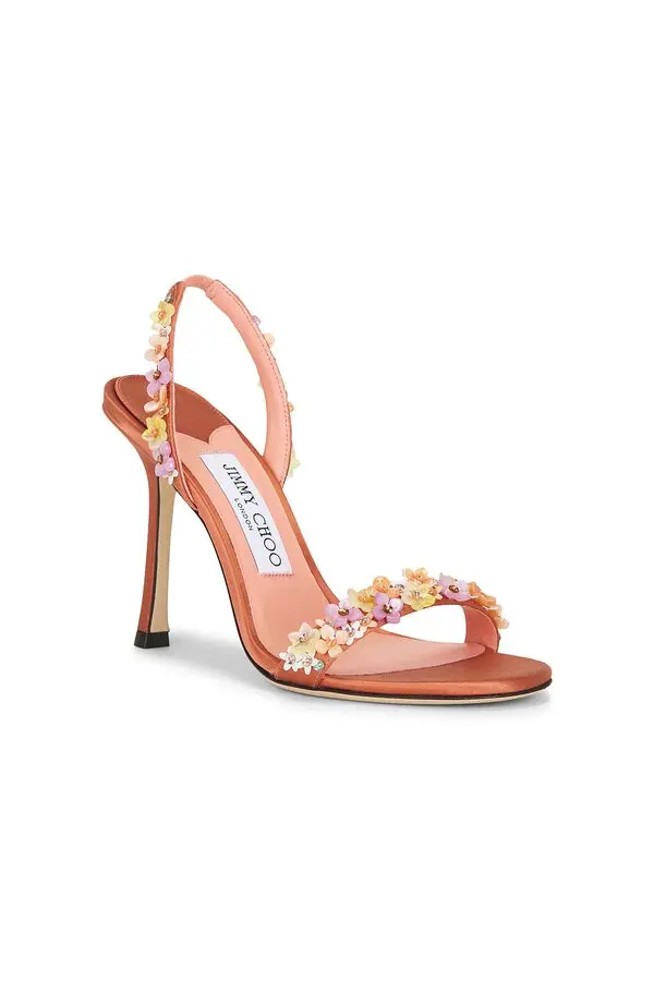 JIMMY CHOO Embellished Floral Slingback Stiletto Sandals - Grapefruit & Multi