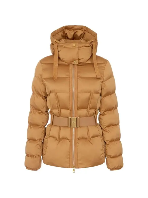 Elisabetta Franchi Short Down Jacket With Jewel Buckle Belt