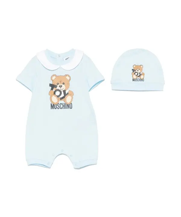 Moschino Leo Teddy-print Romper With Hood - Light Blue