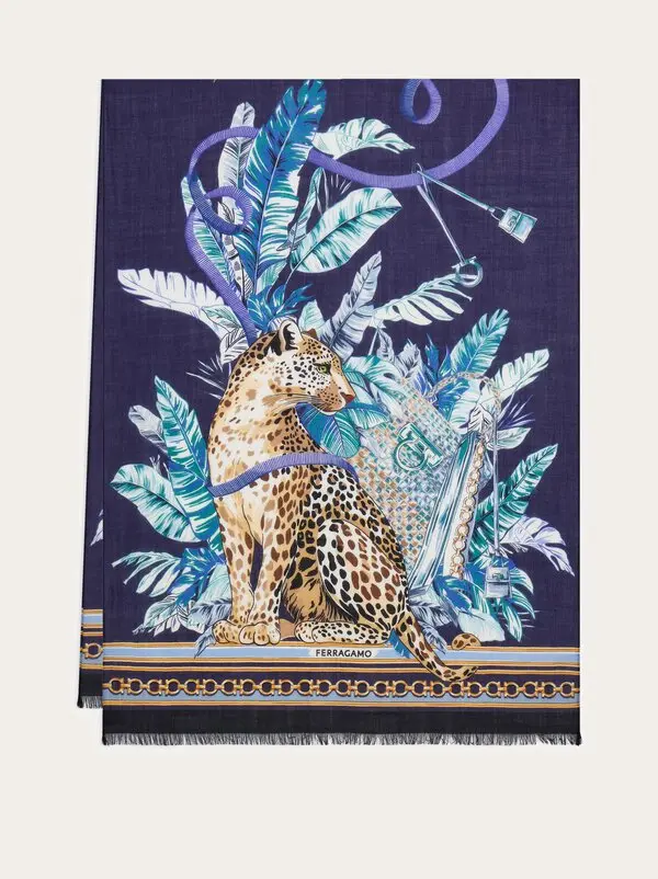 FERRAGAMO Feline Print Pure Wool Stole - Blue