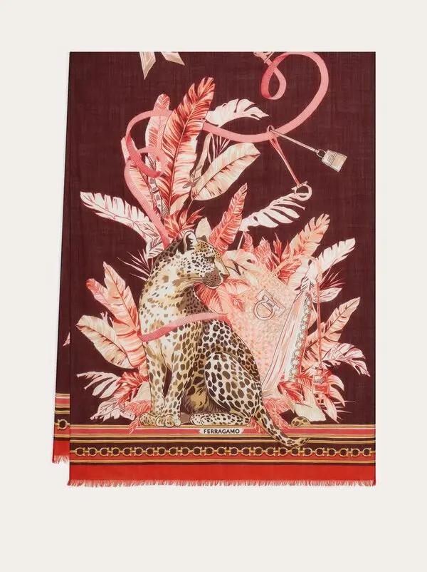 FERRAGAMO Feline Print Pure Wool Stole - Red