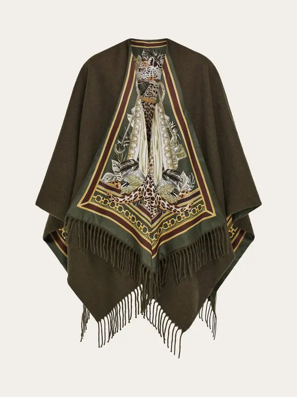 FERRAGAMO Feline Print Cashmere And Silk Reversible Cape - Green
