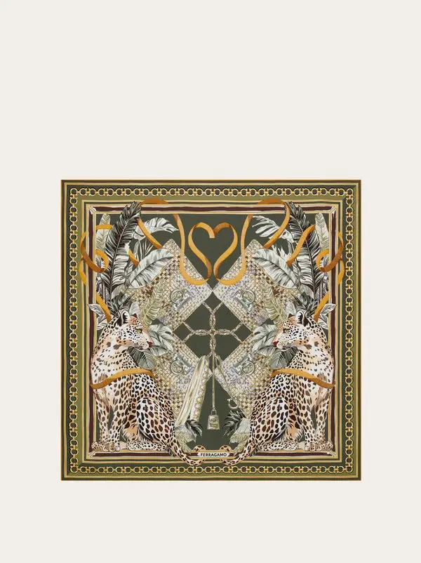 FERRAGAMO Feline Print Silk Foulard - Green