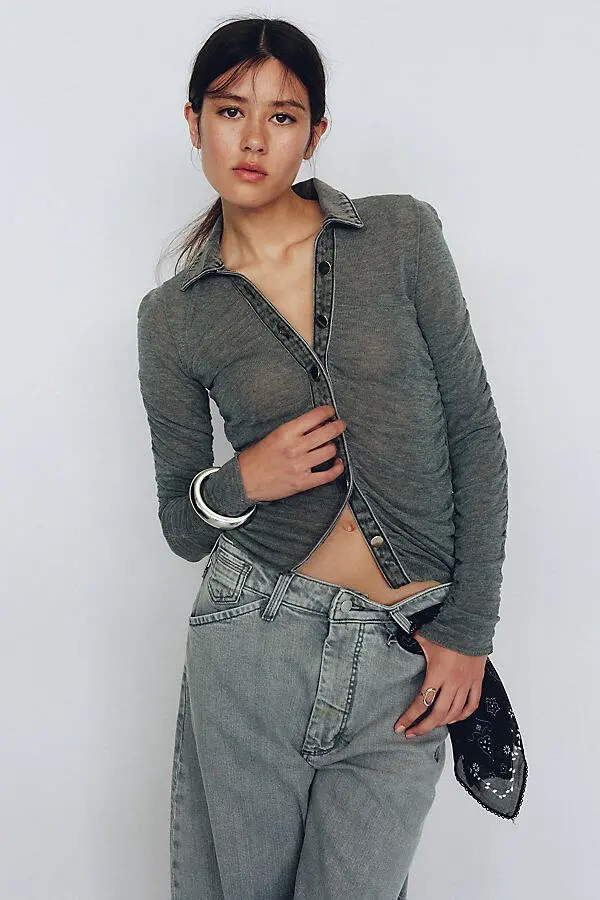 PILCRO Denim Trim Fe Gauge Cardigan - Charcoal Denim