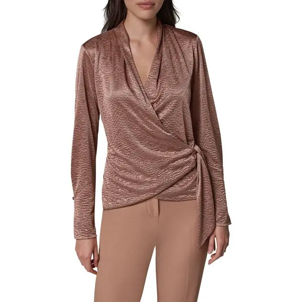 Donna Karan New York Crinkle Satin Tie Waist Top - Camel