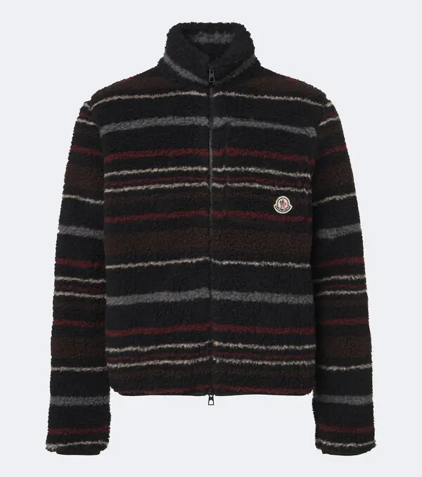 Moncler Striped Wool-blend Fleece Zip-up Cardigan - Black