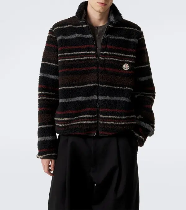 Moncler Striped Wool-blend Fleece Zip-up Cardigan - Black