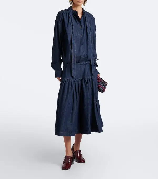 Dries Van Noten Tie-neck Denim Midi Dress