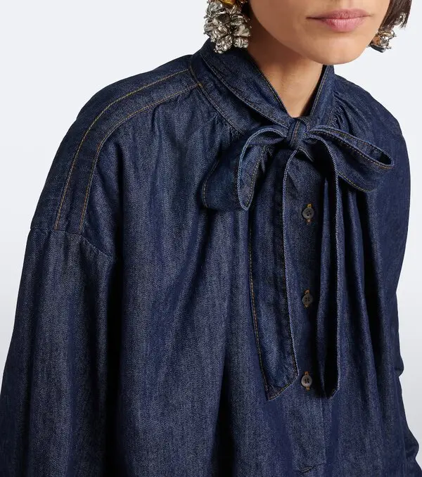 Dries Van Noten Tie-neck Denim Midi Dress