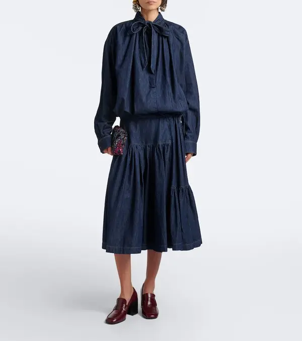Dries Van Noten Tie-neck Denim Midi Dress