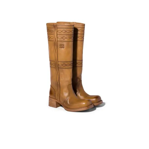 Miu Miu Embroidered Leather Knee-high Boots - Light Tan