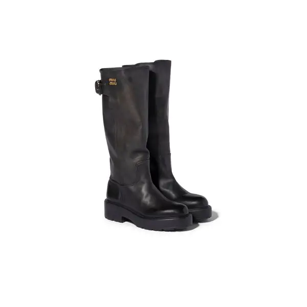 Miu Miu Knee High Leather Boots With Buckle Detail