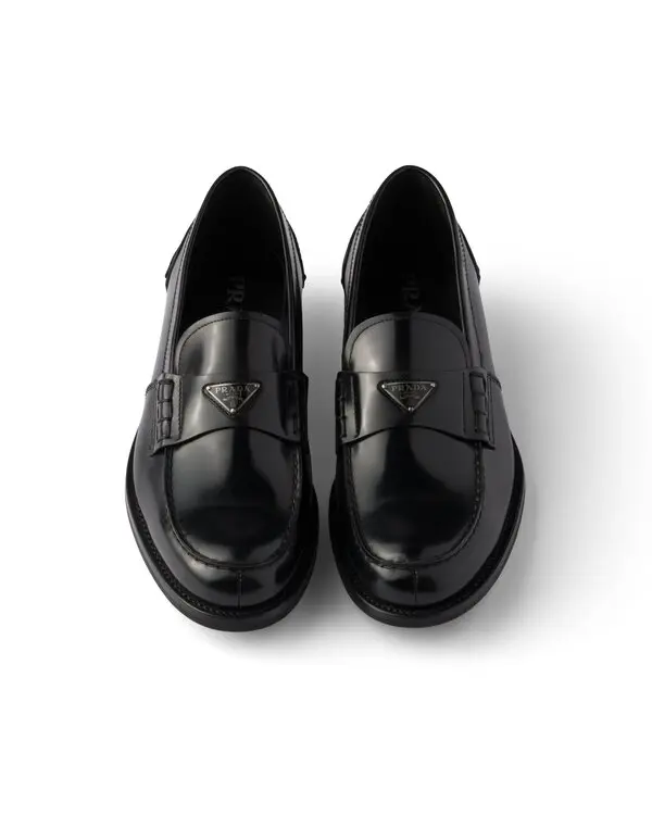 Prada Brushed Leather Loafers With Enameled Triangle Logo