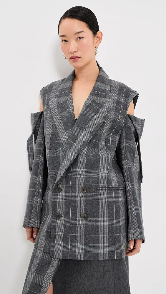 Tibi Papery Wool Easy Plaid Blazer