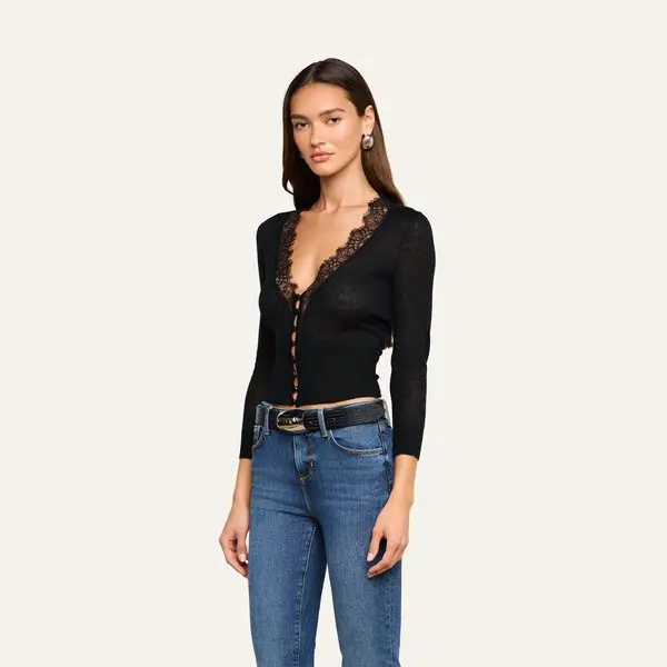 L'Agence Eluna Lace Inset Cardigan Top - Black