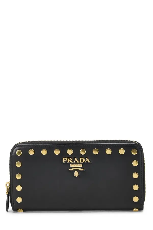 Prada Calfskin Studded Zip Around Wallet