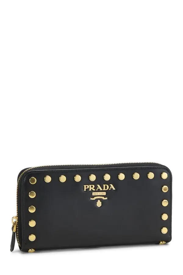 Prada Calfskin Studded Zip Around Wallet
