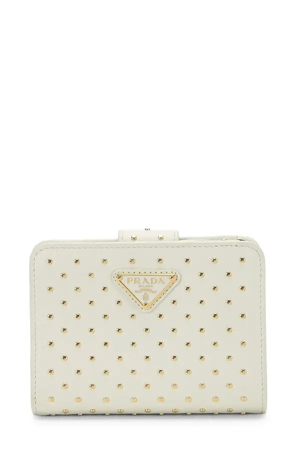 Prada Calfskin Studded Zip Around Compact Wallet