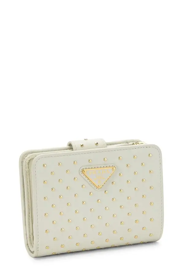 Prada Calfskin Studded Zip Around Compact Wallet