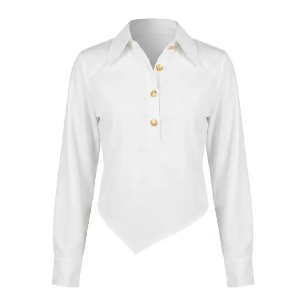 MODENAIRE Collared Button Front Blouse With Asymmetrical Hem Detail