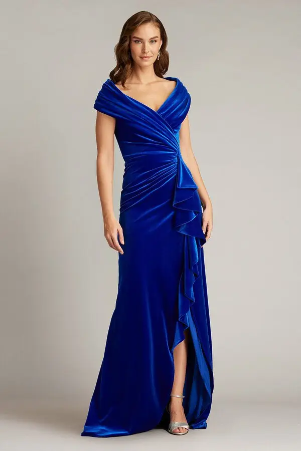 Tadashi Shoji Alvarez Velvet Waterfall Drape Gown - Blue Bell