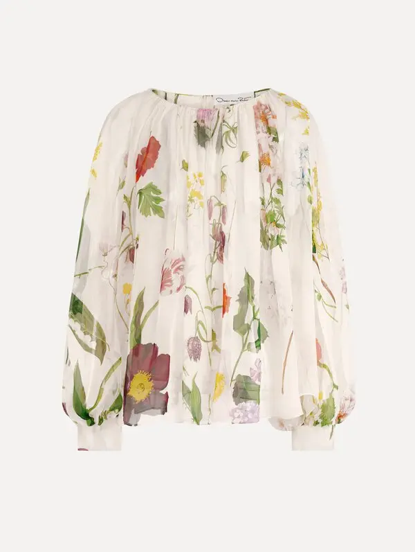 Oscar De La Renta Mixed Botanical Silk Chiffon Blouse - Ivory