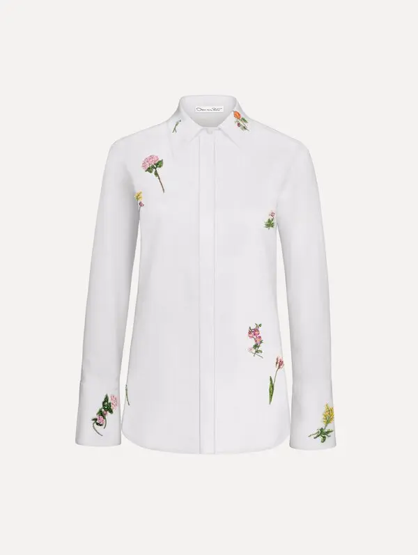 Oscar De La Renta Beaded Mixed Botanical Stretch Twill Blouse - White