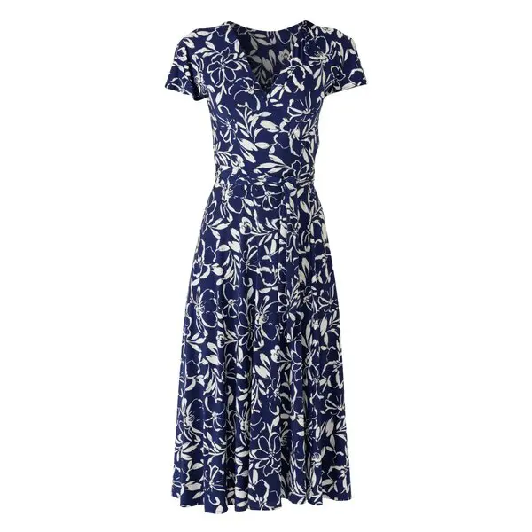 SACHA DRAKE Reverse Wrap Midi Dress In Navy White Floral - Blue