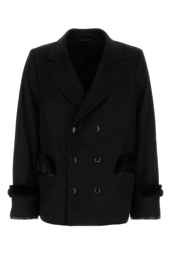 Random Identities Double Breasted Wool Blend Jacket With Fur Trim