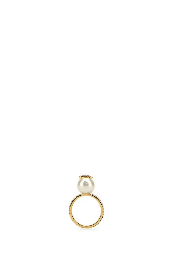 Valentino Garavani Vlogo Signature Ring With Pearl & Rhinestone Embellishment - Gold