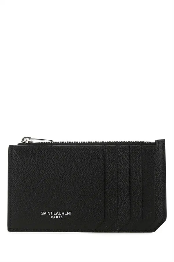 Saint Laurent Leather Card Holder With Silver-brass Finish - Black