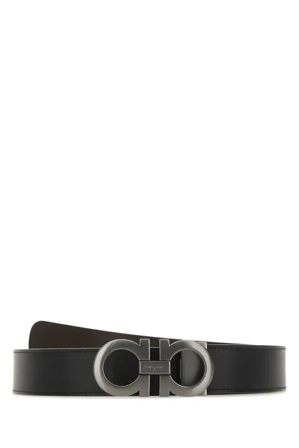 FERRAGAMO Reversible Leather Belt With Gun Metal Finish, 3.5 Cm Width