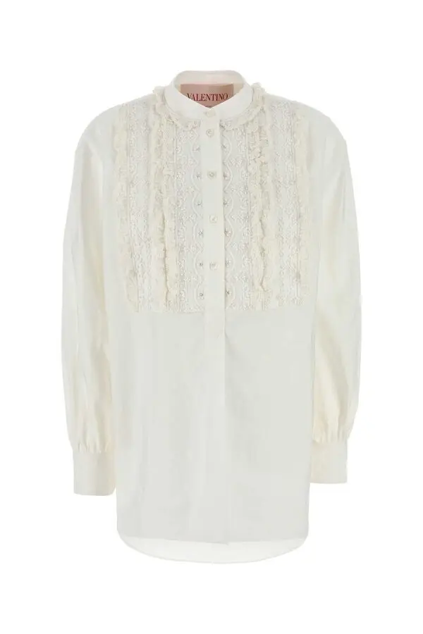 Valentino Garavani Cotton-linen Silk Blend Blouse With Lace Detail - White