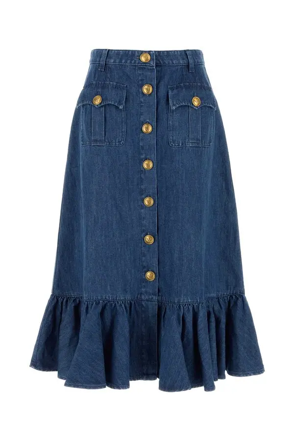 Valentino Garavani Button-detailed Denim Midi Skirt With Ruffle Hem - Light Blue