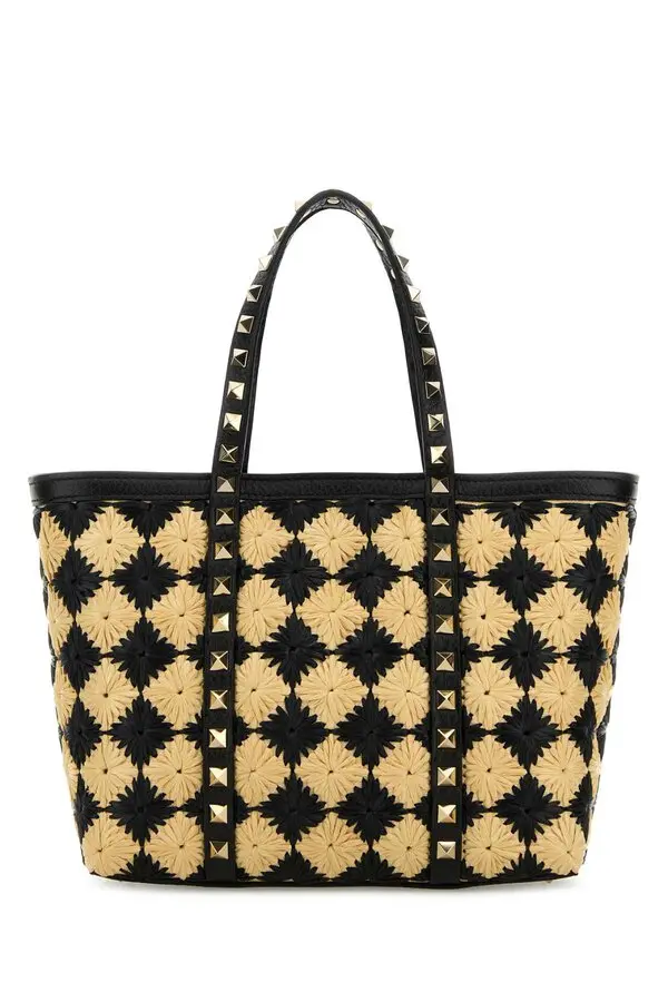 Valentino Garavani Mini Embroidered Raffia Rockstud Handbag - Checked
