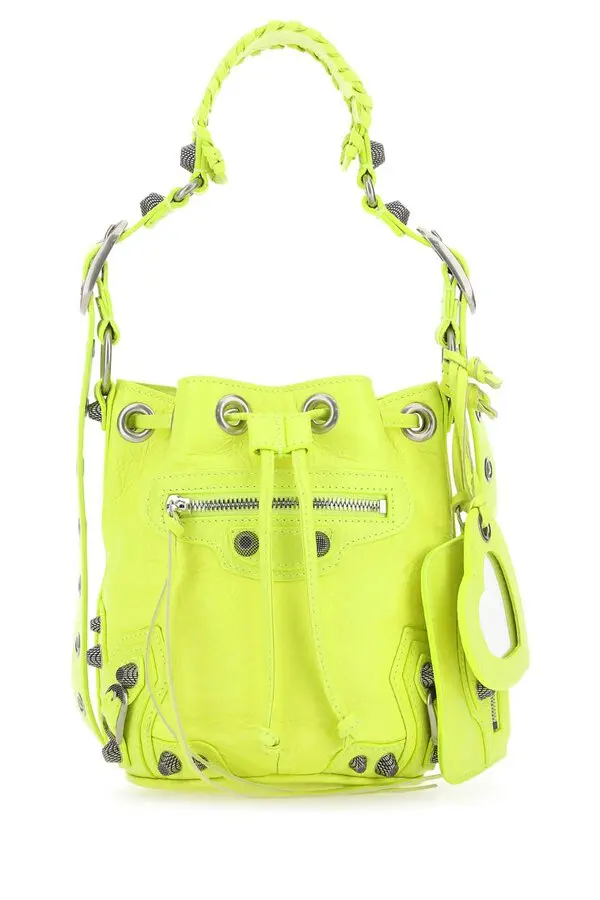 Balenciaga Le Cagole Xs Mini Bucket Handbag In Antiqued Silver Hardware - Yellow