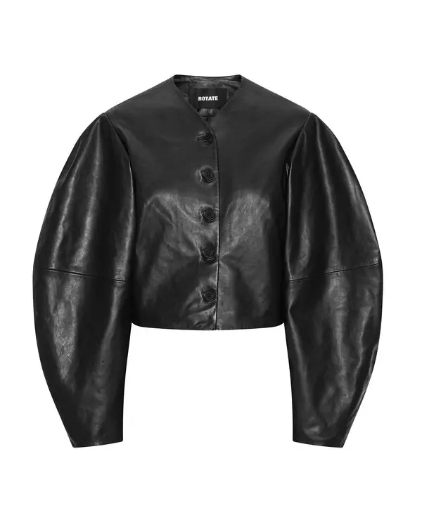 ROTATE BY BIRGER CHRISTENSEN Cropped Leather Puff-sleeve Jacket - Black
