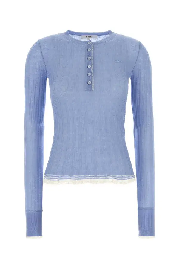 Chloé Ribbed Wool Pullover With Lace Trim And Button Details - Light Blue