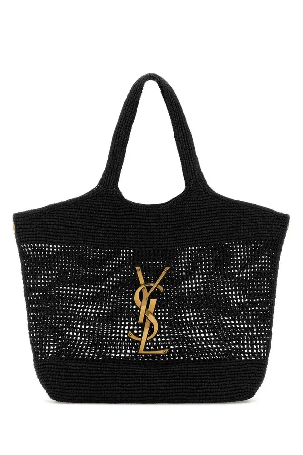 Saint Laurent Icare Raffia Shopping Handbag With Antiqued Golden Hardware - Black