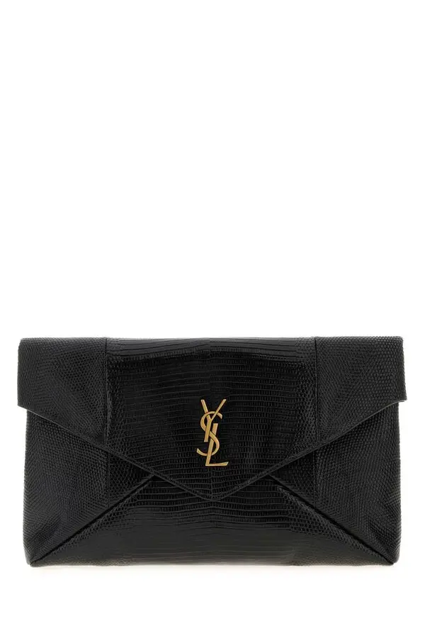 Saint Laurent Leather Clutch Bag With Reptile Exterior Lining, 28 X 20 X 4 Cm - Black