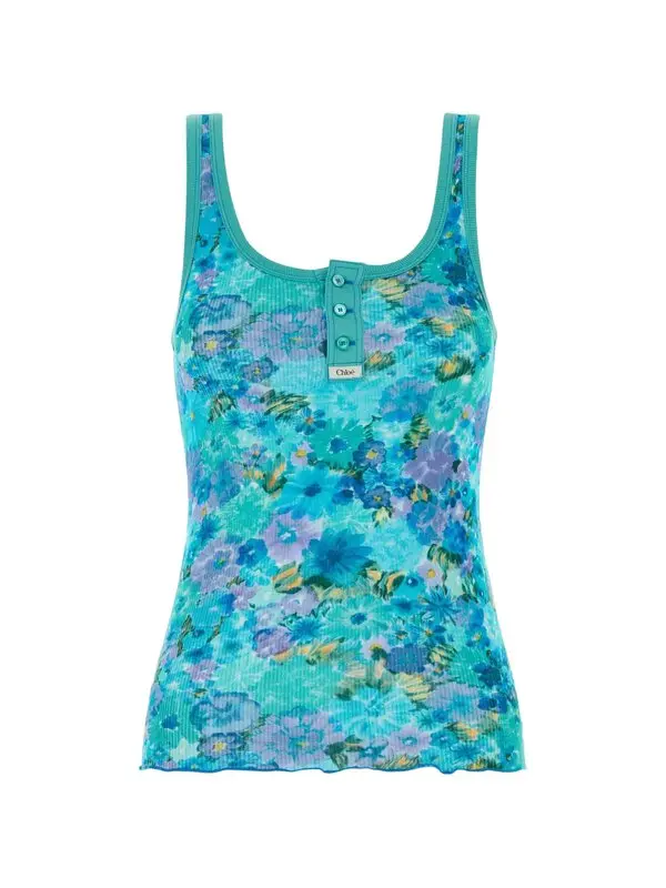 Chloé Scoop Neck Floral Print Top - Blu