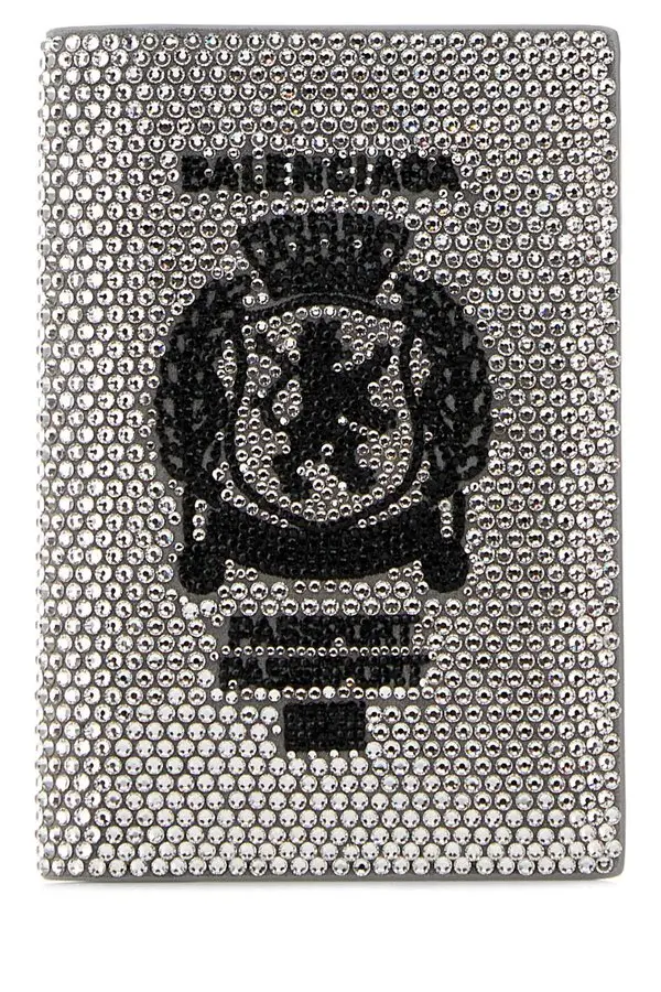 Balenciaga Embellished Leather Passport Holder Mini Wallet - Silver