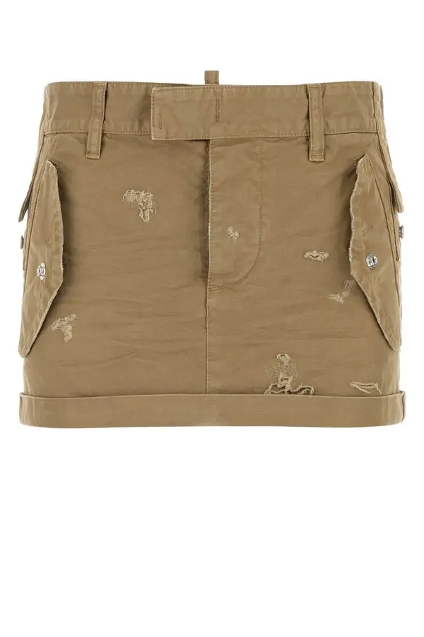 Dsquared2 Khaki Canvas Mini Skirt With Distressed Details