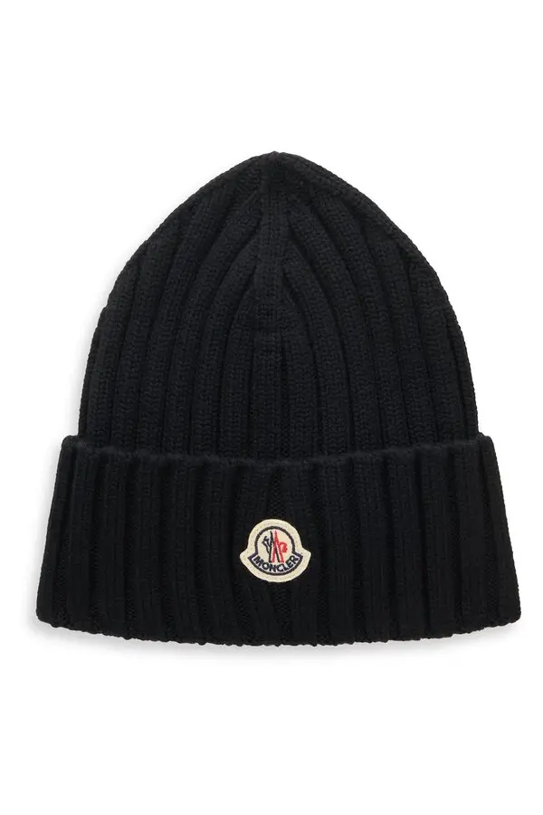 Moncler Virgin Wool Ribbed Beanie Hat - Black