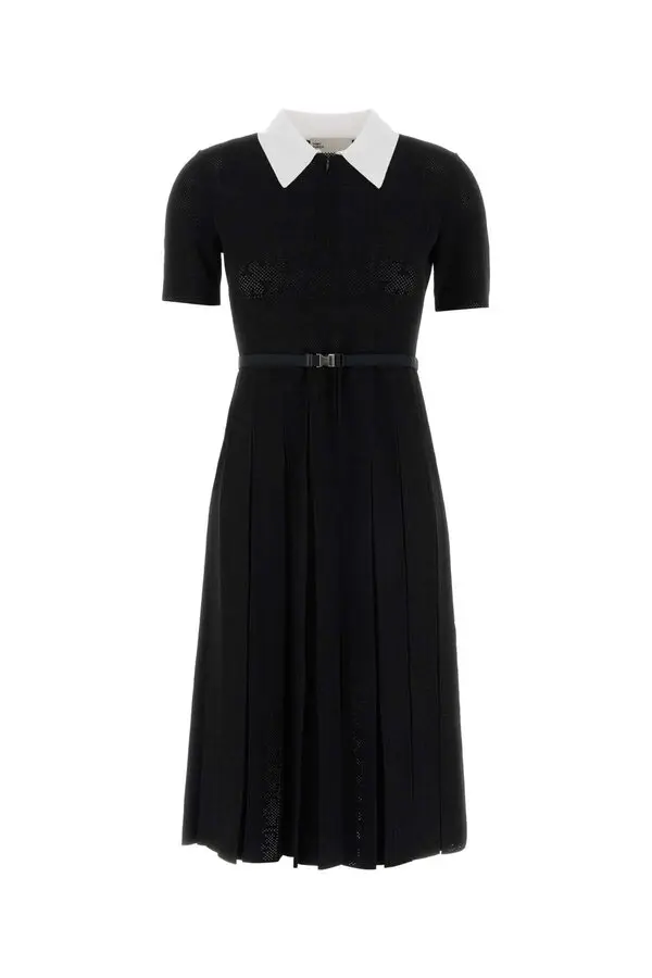 Tory Burch T Monogram Pointelle Knit Pleated Midi Dress With Belt