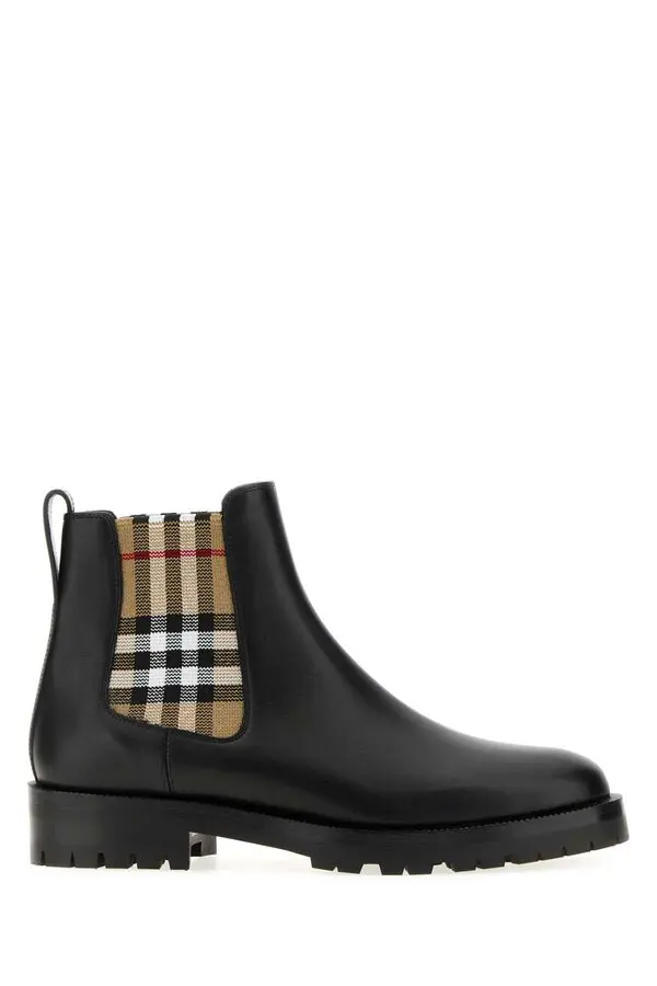 Burberry Calf Leather Ankle Boots With Checked Elastic Side Panels