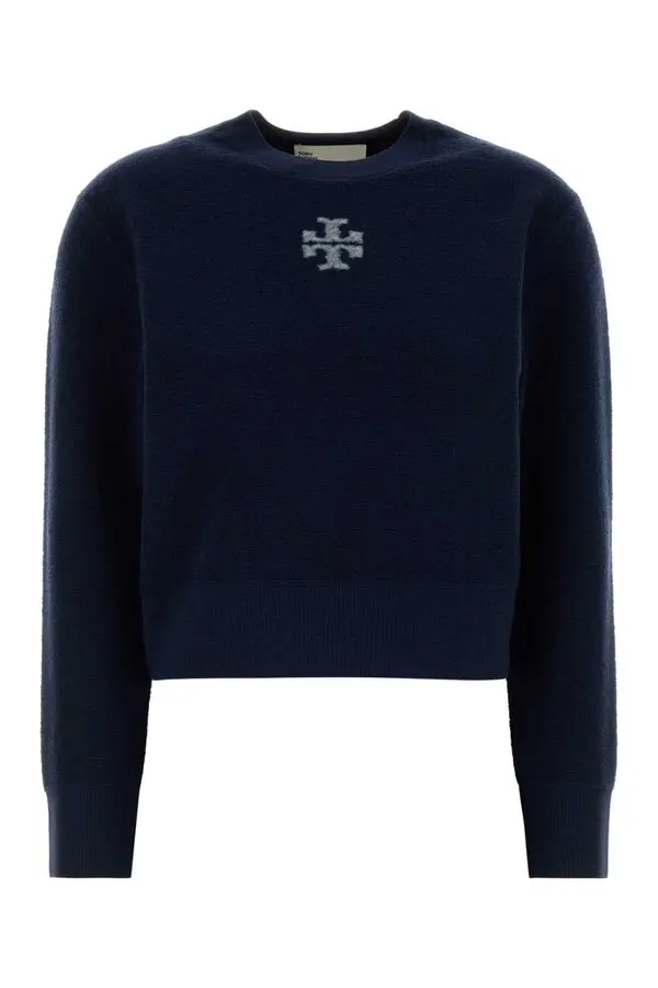 Tory Burch Wool-blend Knit Sweater With Logo Applique - Blue